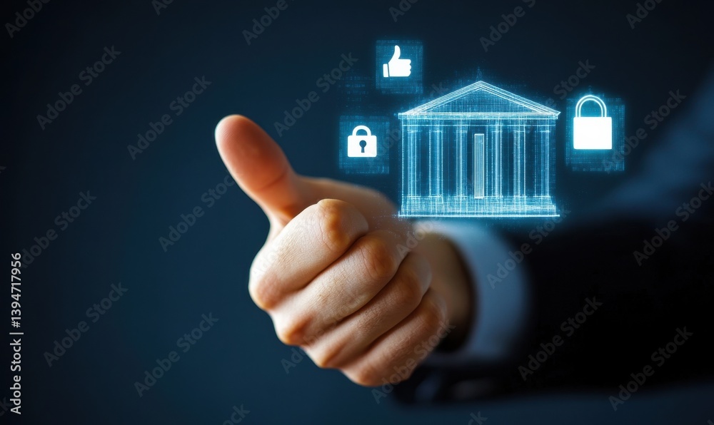 Digital banking approval, secure financial transaction. A hand giving a ...