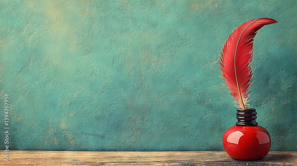 Стокове фото A vintage red quill pen and inkwell on a wooden table, set ...