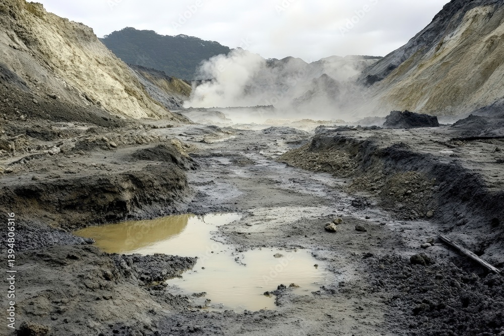 Whakarewarewa geothermal valley with steam rising from hot pools and ...