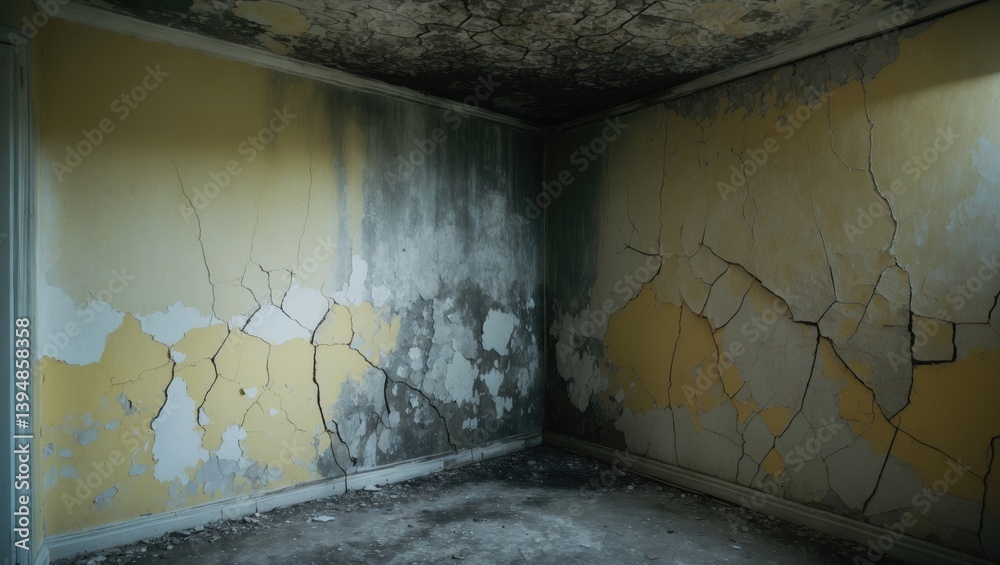 corner of a room with worn-down walls and wet ceiling, gray mold on ...