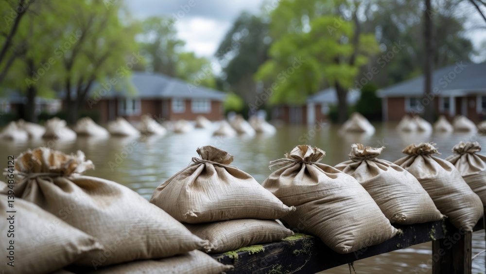 Zoomed-in image of flood Control Sandbags with flooded residences ...