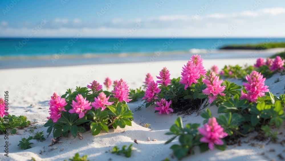 Close-up of vibrant fuchsia flowers on the sandy beach with blue sea ...