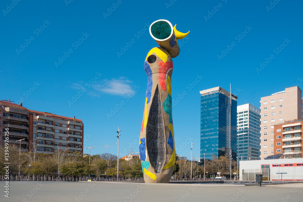 a view of Joan Miro park, highlighting the sculpture Dona i Ocell ...