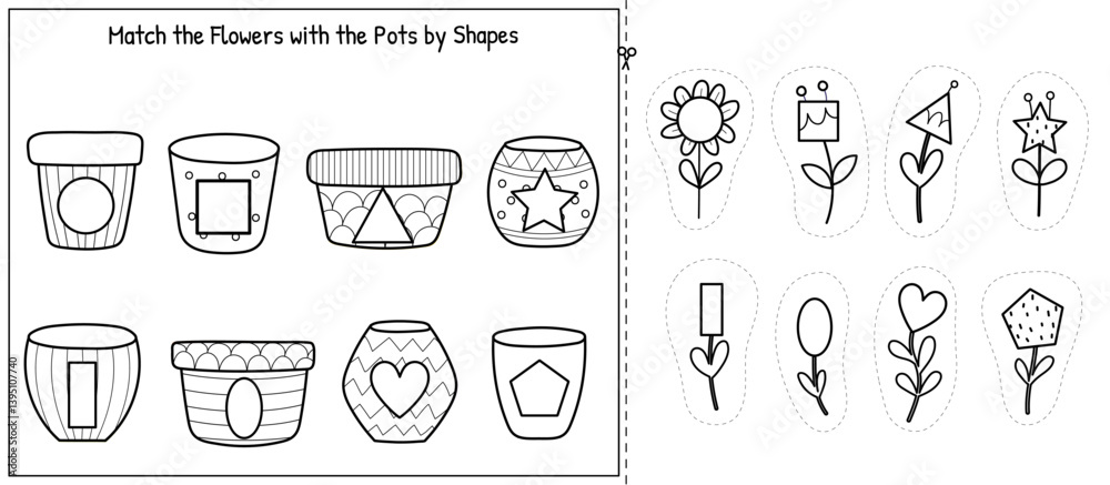 Cut and glue game for kids. Match the flowers with the pots by color ...
