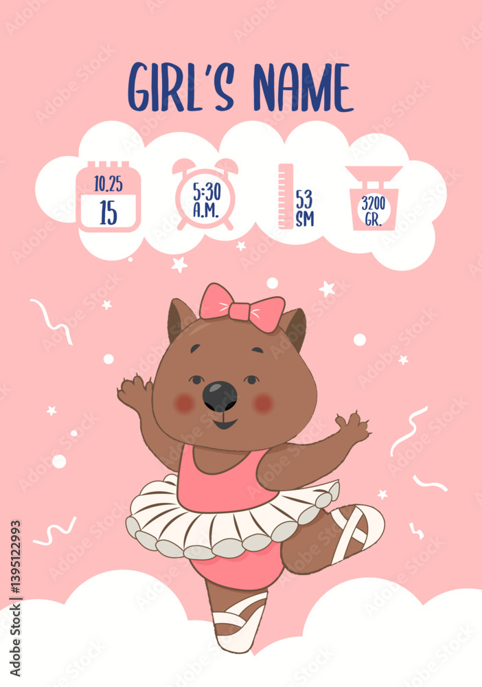 Baby birth cards for girl with height, weight, date of birth. Cute ...