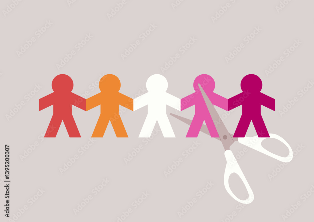 Paper doll chain linked together, each person representing distinct ...