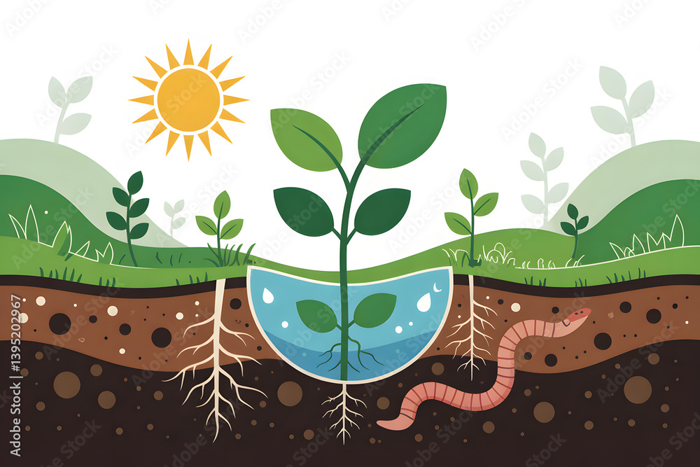 Stylized illustration depicting a cross-section of soil with a plant ...