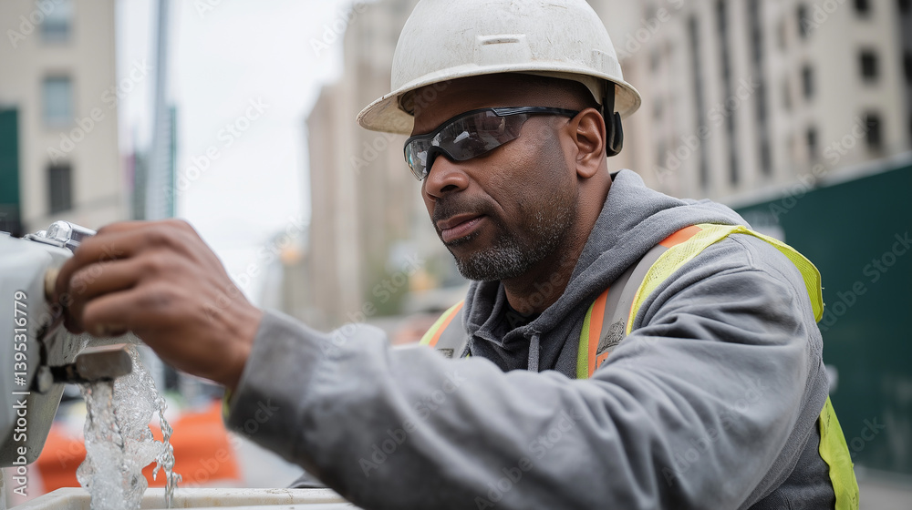 Construction worker using an eye wash station for safety Stock Photo ...