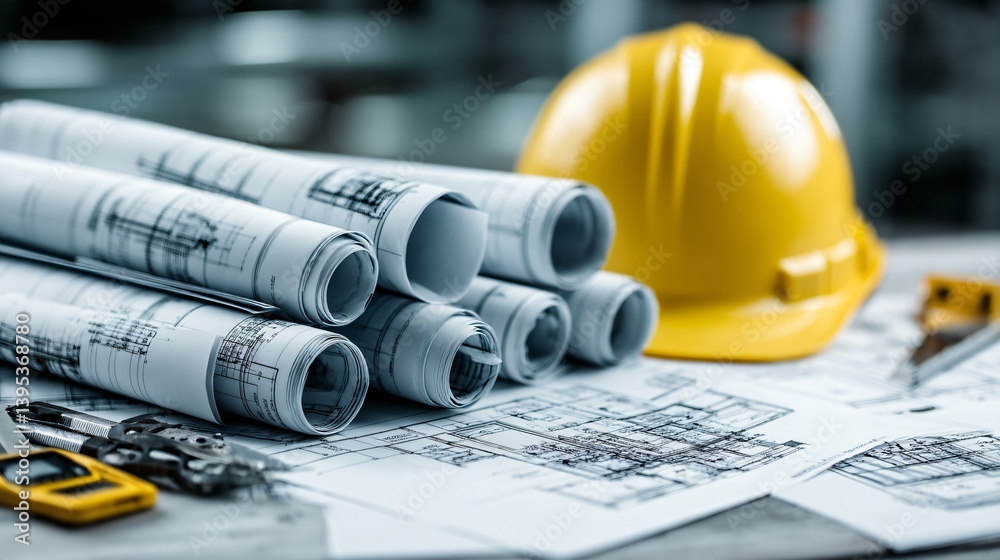 Rolled-up structural blueprints with complex diagrams of beams and load ...