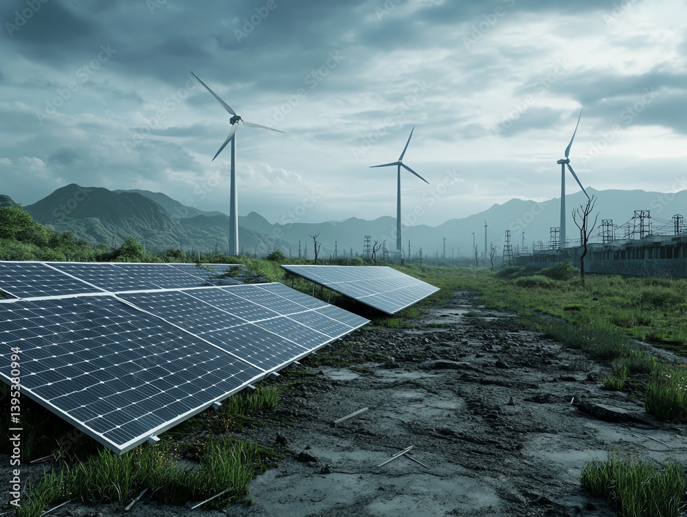 Postapocalyptic world rebuilding with solar panels and wind turbines ...
