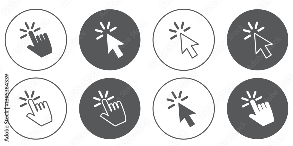 Link ×Title: Computer mouse click cursor arrow icons set with hand pointers, clicking effects ...