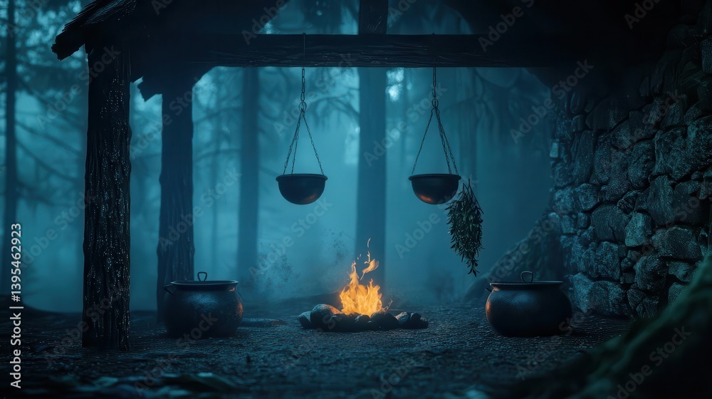 Witch s hut in a dark medieval forest, bubbling cauldrons, strange ...