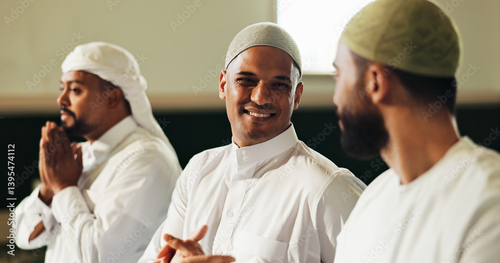 Islamic, prayer and men with handshake in mosque for greeting, respect ...