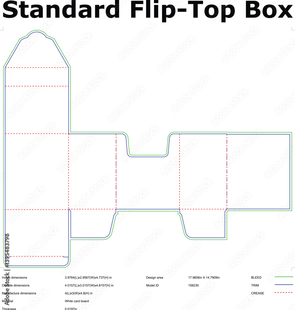 Standard Flip Top Box Die Cut Template Unfolded View With Bleed Trim ...