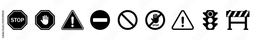 Set of warning and prohibition signs. Includes stop, hand, danger, no ...