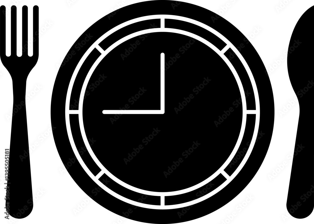 Meal Time Line and Silhouette Icon Set. Dining plate With Clock, Knife ...
