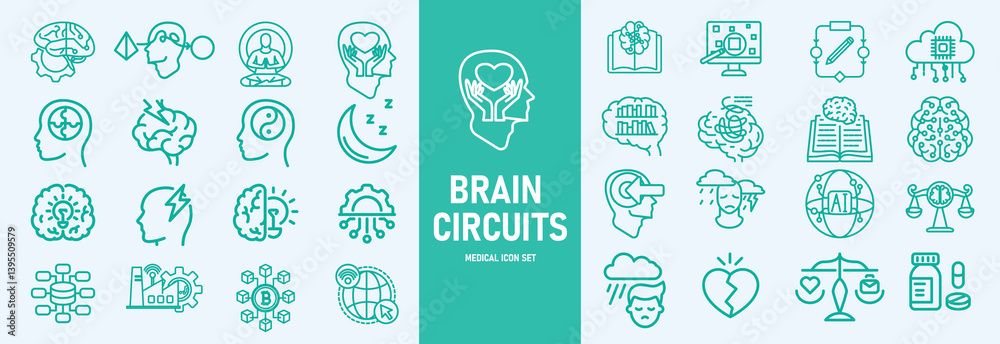 Machine learning outline icons set vector illustrator. AI, data ...