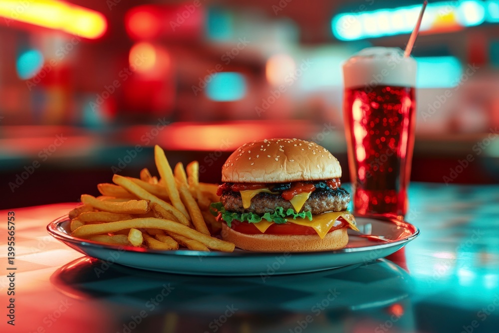 Classic American diner burger on a vintage plate, served with golden ...