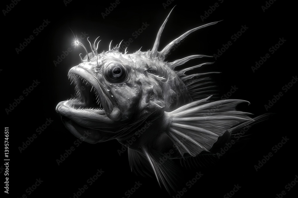 Pez abisal con boca abierta y bioluminiscencia. Imagen en blanco y ...