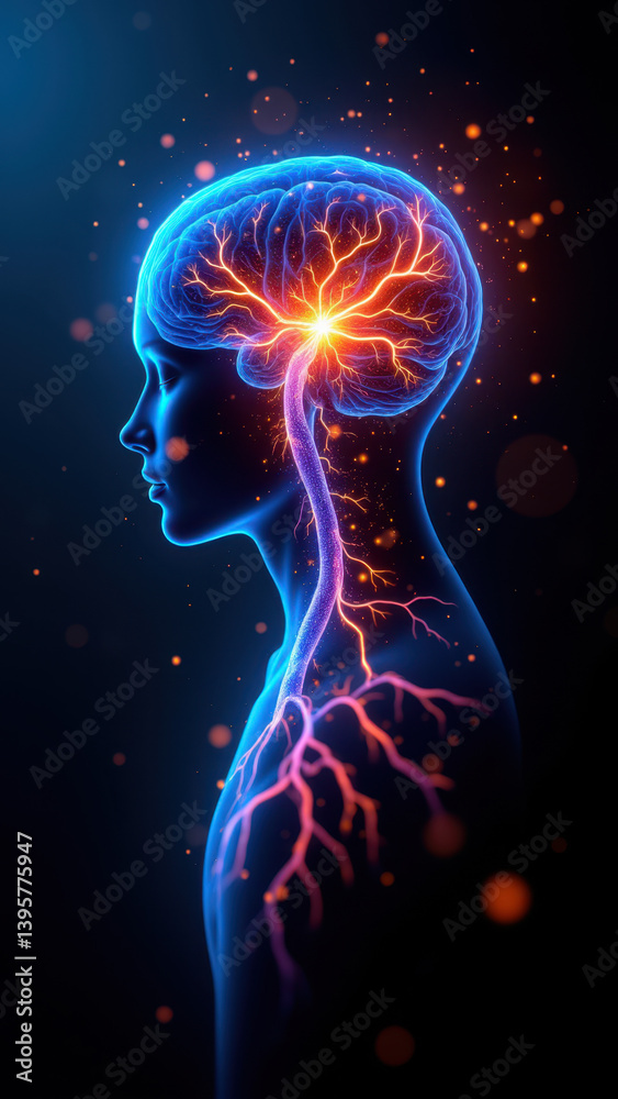 A digital artwork showing a side view of an adult human head with ...