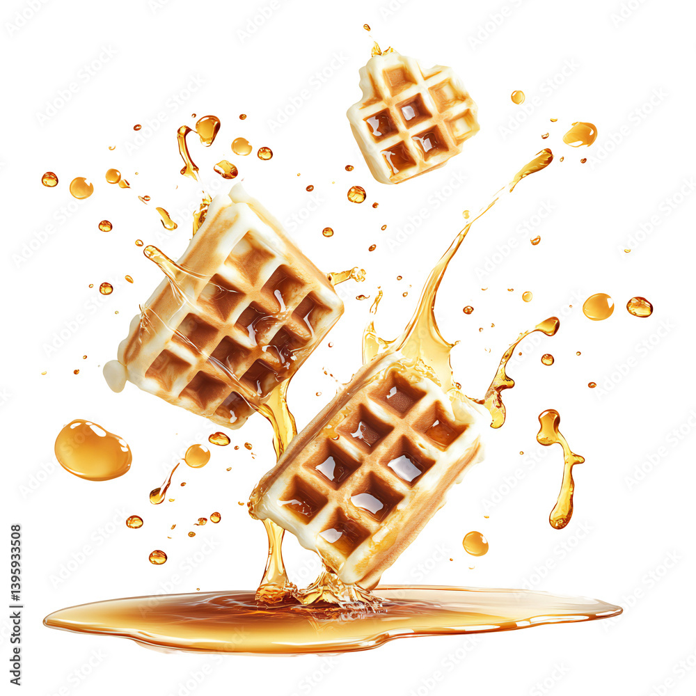 Flying waffles with syrup splash in mid-air, creating a dynamic food ...