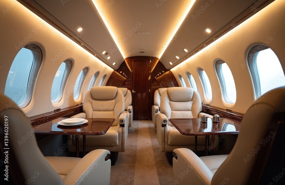 Luxury private jet interior. Beige leather seats, wood paneling create ...