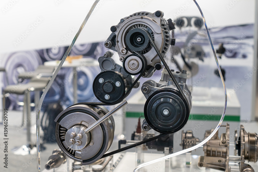 Illustrative model of a car engine belt system with pulley and ...