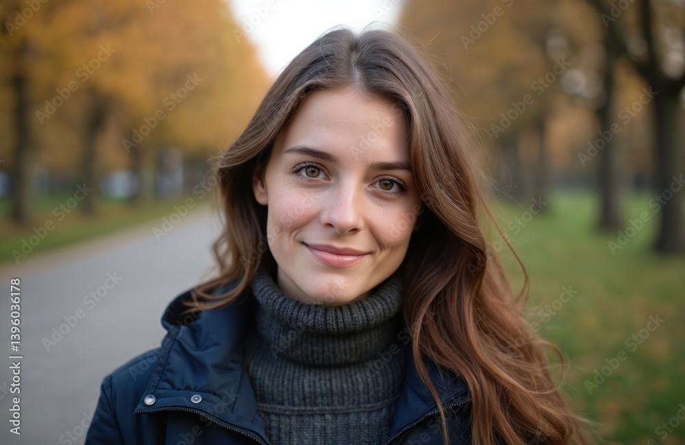 Smiling young Lithuanian woman poses for portrait. Face close-up shows ...