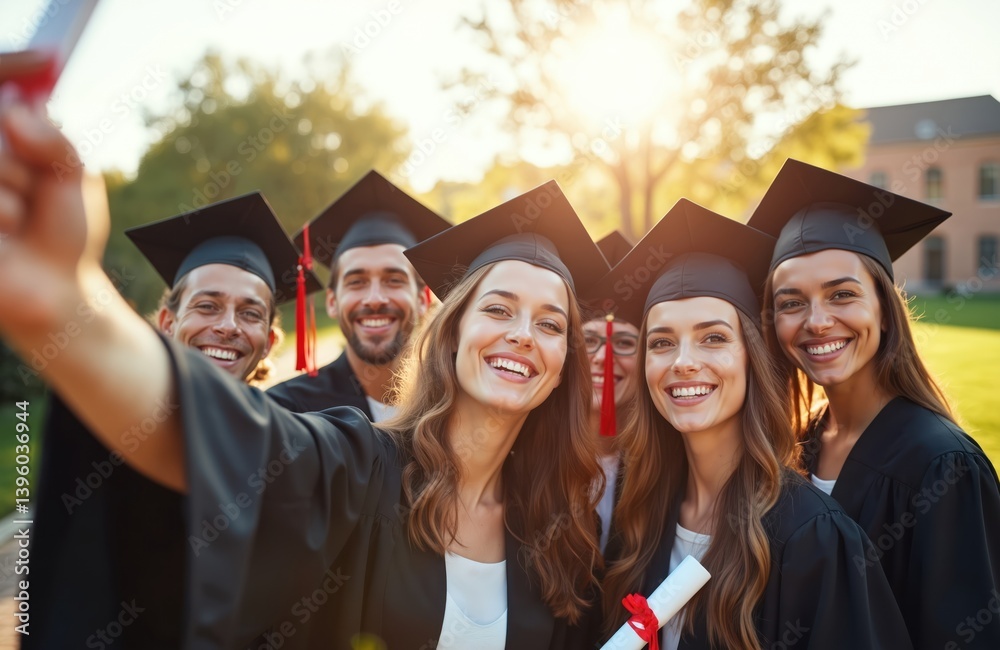Group graduates take selfie photo. Happy diverse students celebrate ...