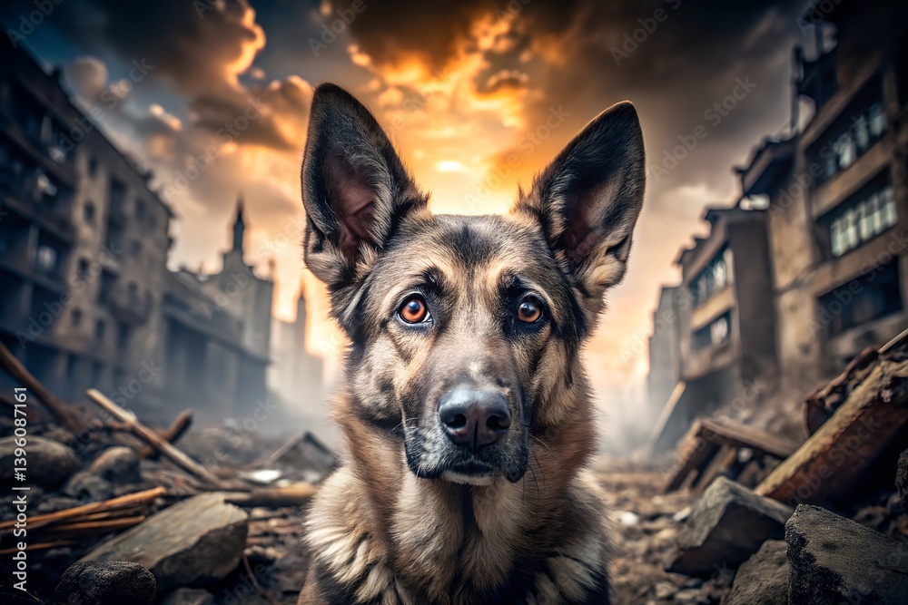 Resilient German Shepherd Portrait In Post Apocalyptic Ruins Facing An ...