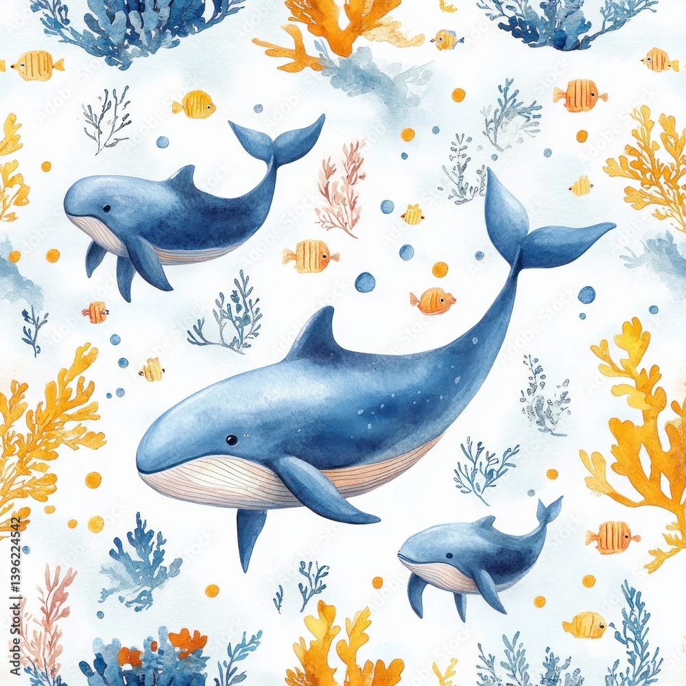 Seamless Marine Pattern with Whales Narwhals Turtles Shells Fishes ...