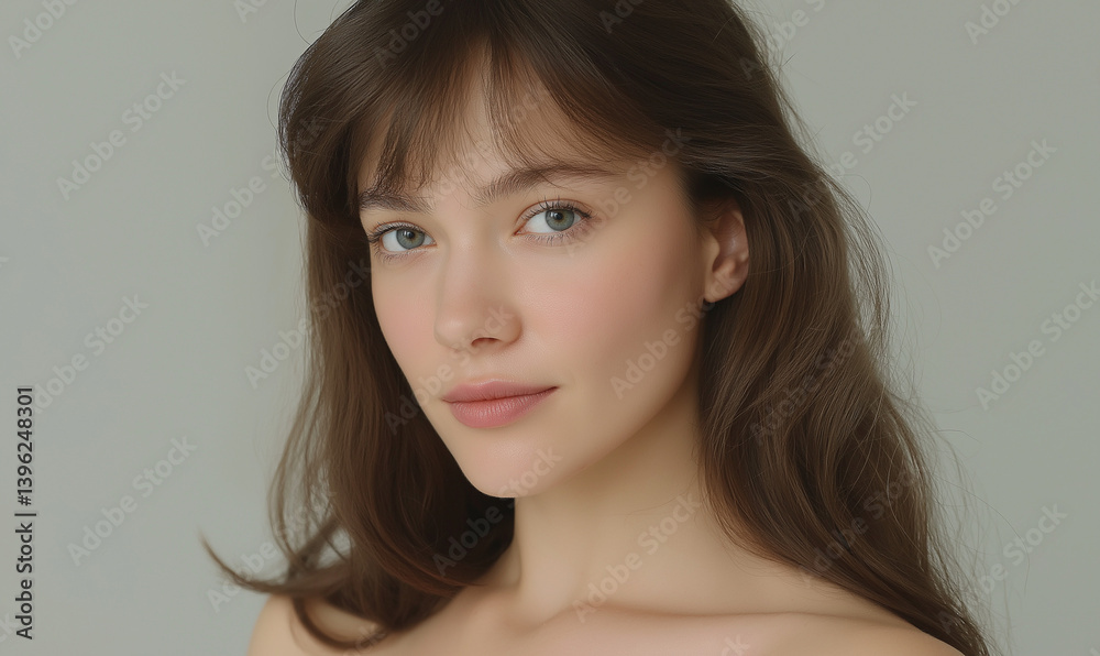 plain background studio shoot European French model with blue eyes and clear glowing skin ...