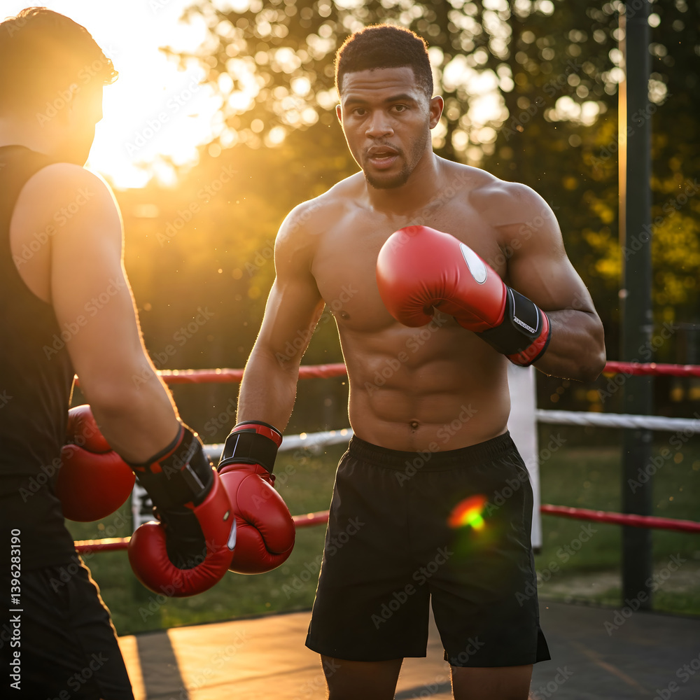 Two shirtless young men wearing boxing gloves face each other in a ...