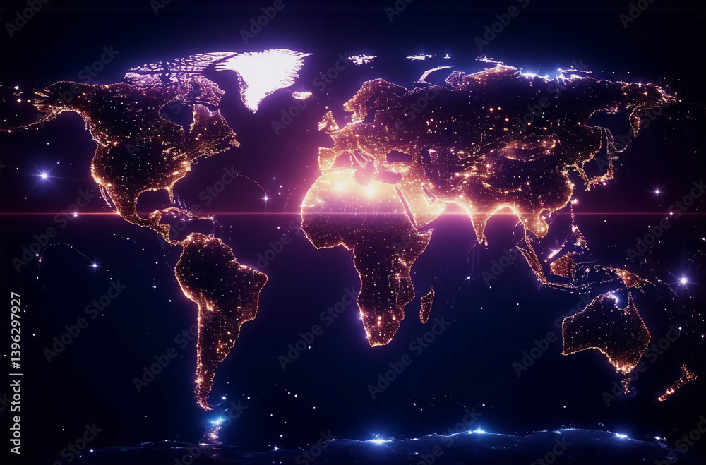 World map illuminated with city lights at night, seen from space with ...