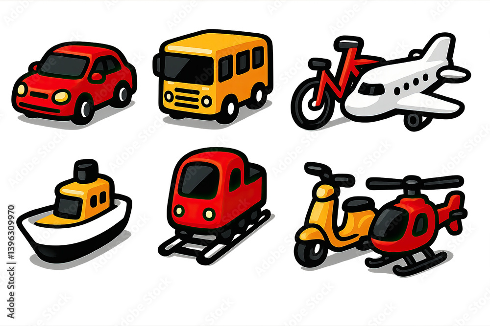 3D-style icons of urban transportation: metro train, tram, rental ...