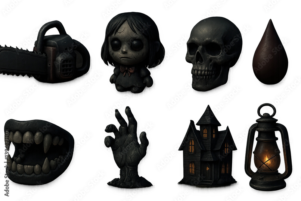 3D-style icons of classic horror movie props: vampire coffin, werewolf ...