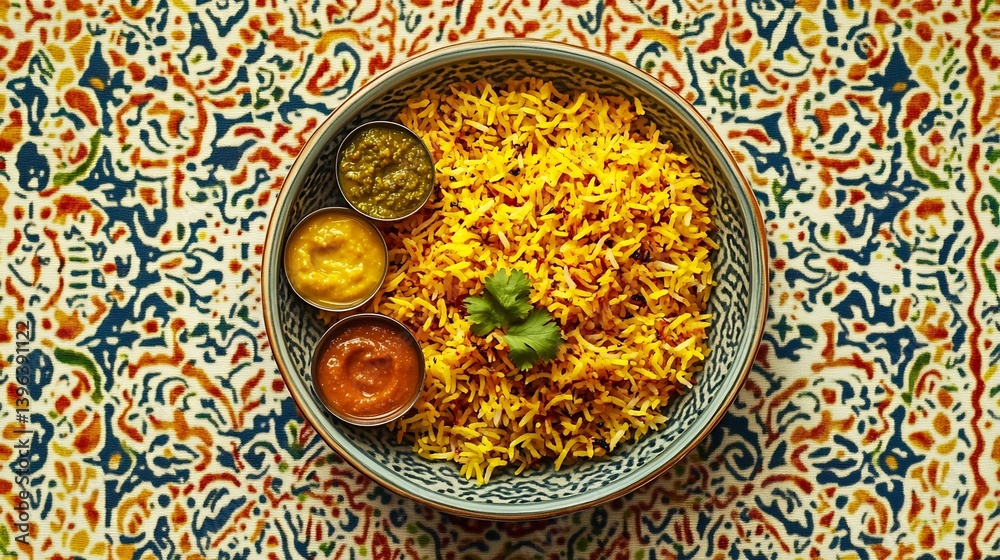 Top down view of aromatic saffron biryani a side of tangy chutneys on a ...