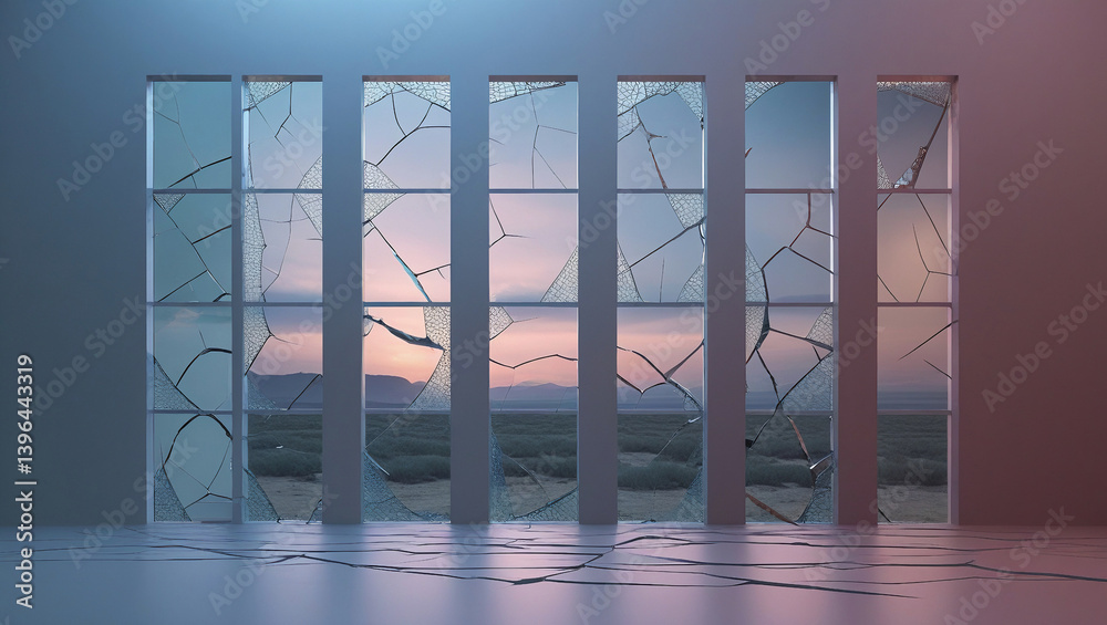 Series of Shattered Windows Reflecting Different Versions of Distant ...