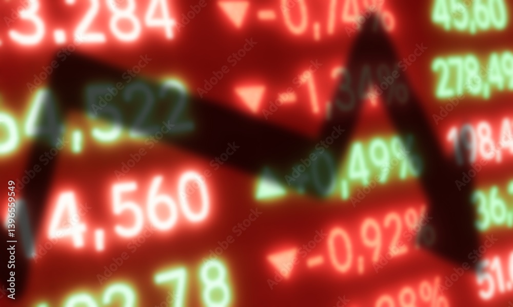 Blurred digital board showing stock market crash in a shadow arrow ...
