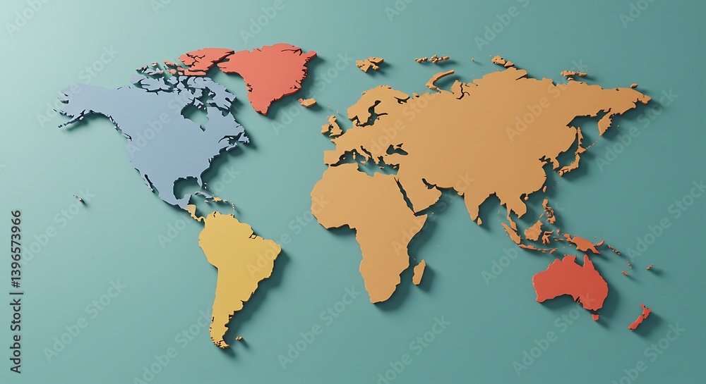 Minimalist World Map Render Depicting Continents in a Soft Pastel Color ...