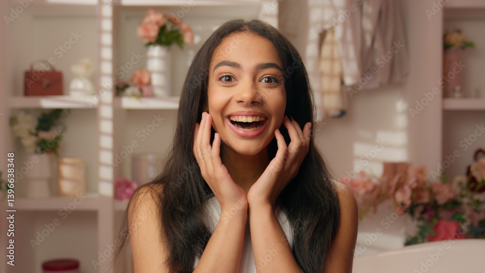 Hispanic woman shocked latina Arabian girl ethnic teen female open mouth wonder surprise amazing ...