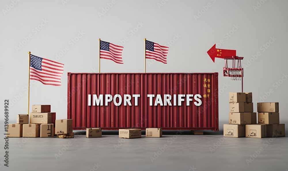Red shipping containers with IMPORT TARIFFS text, USA and China flags ...