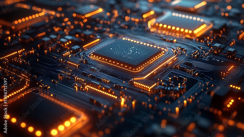 Futuristic circuit board design with translucent layers, gold pathways ...