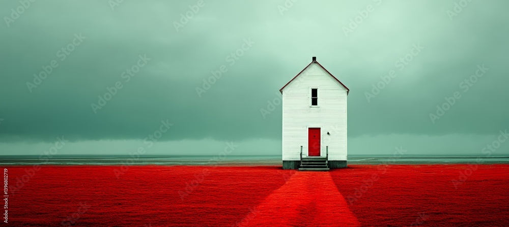 Mini haunted house on red grass field. Eerie horror mystery atmosphere ...