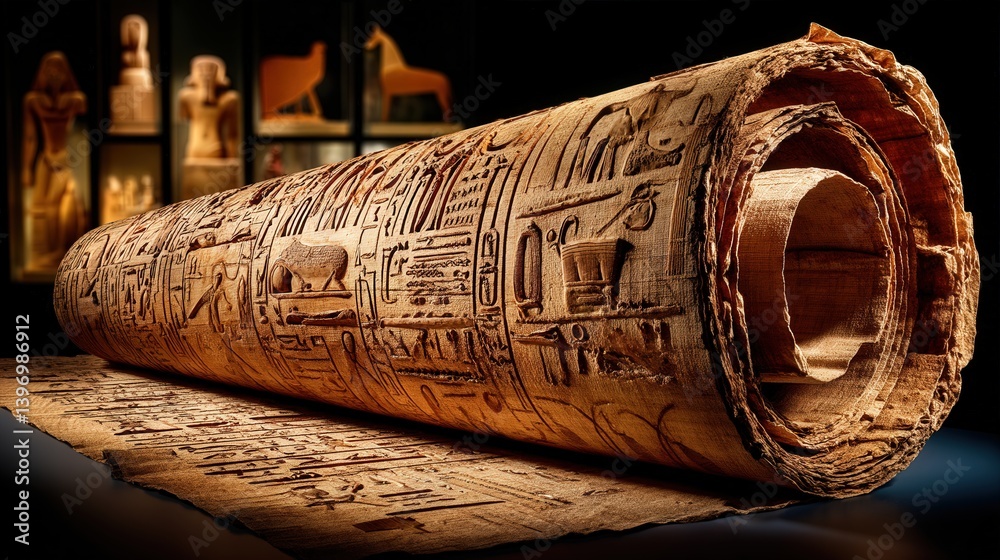 Timeworn ancient papyrus scroll unfurling in a soft gentle breeze ...