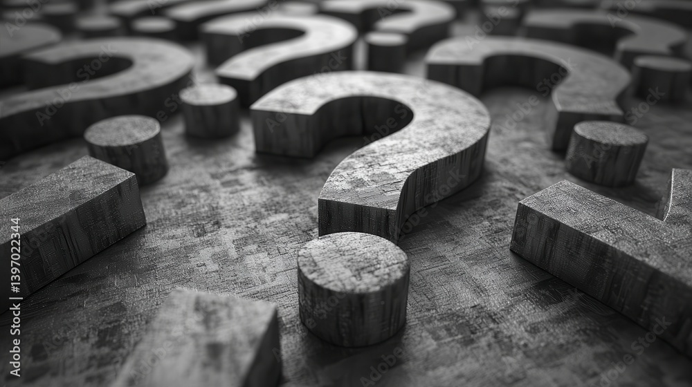 Many question marks and circular shapes cast in stone on a textured ...