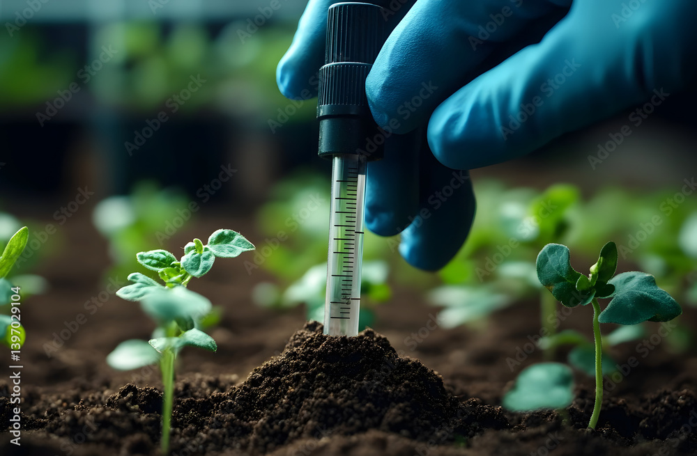 Person takes soil sample near small seedlings for soil test. Examining ...