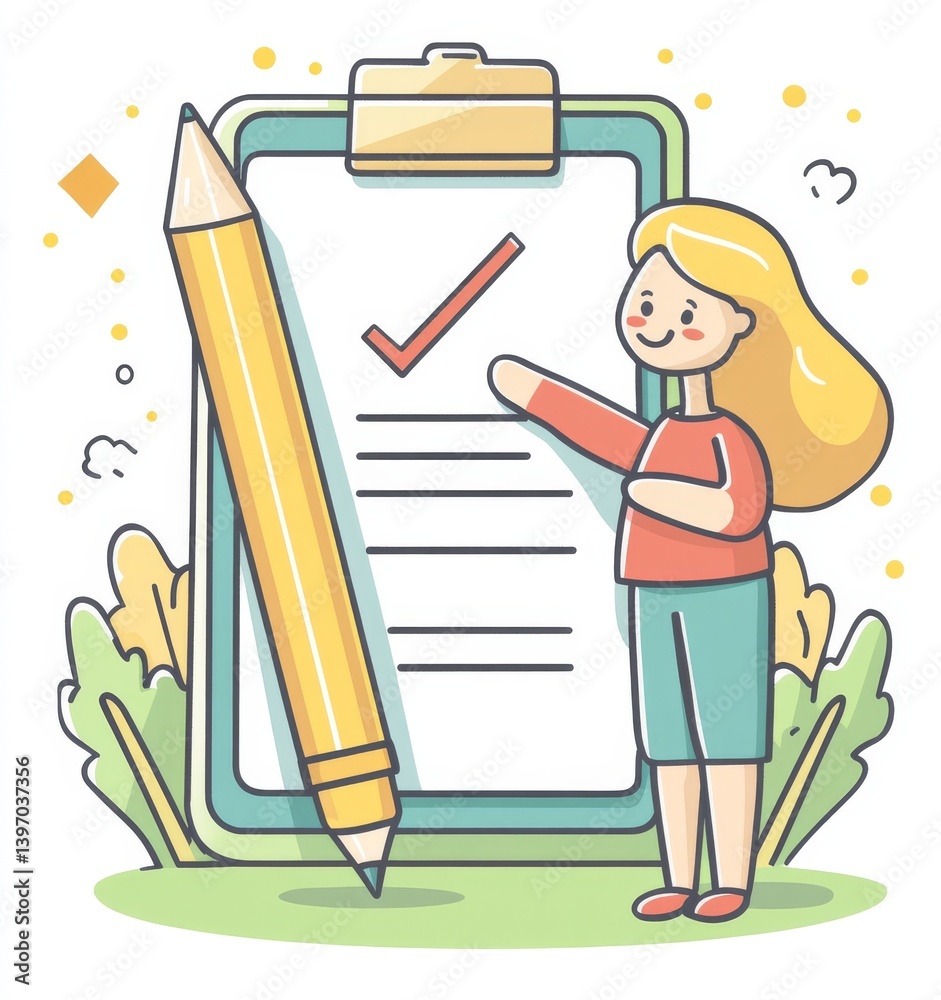 In a contemporary flat-style drawing, a man stands by a checklist with ...