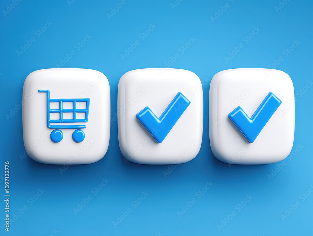 Online shopping cart checkout process 3D symbols blue background ...