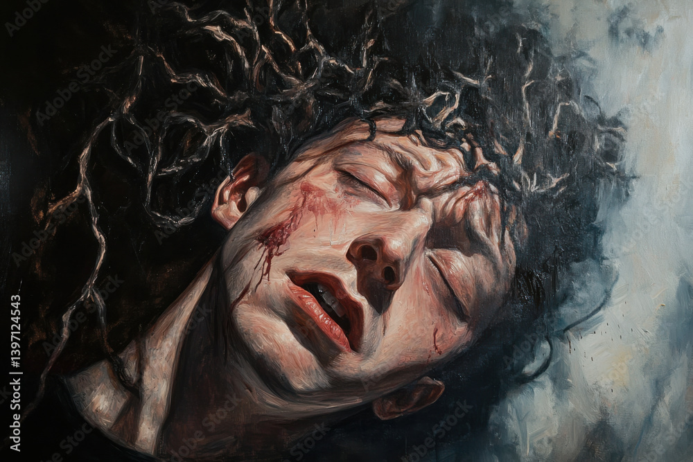 Expressions of agony and despair through the portrayal of a tortured figure with a crown of ...